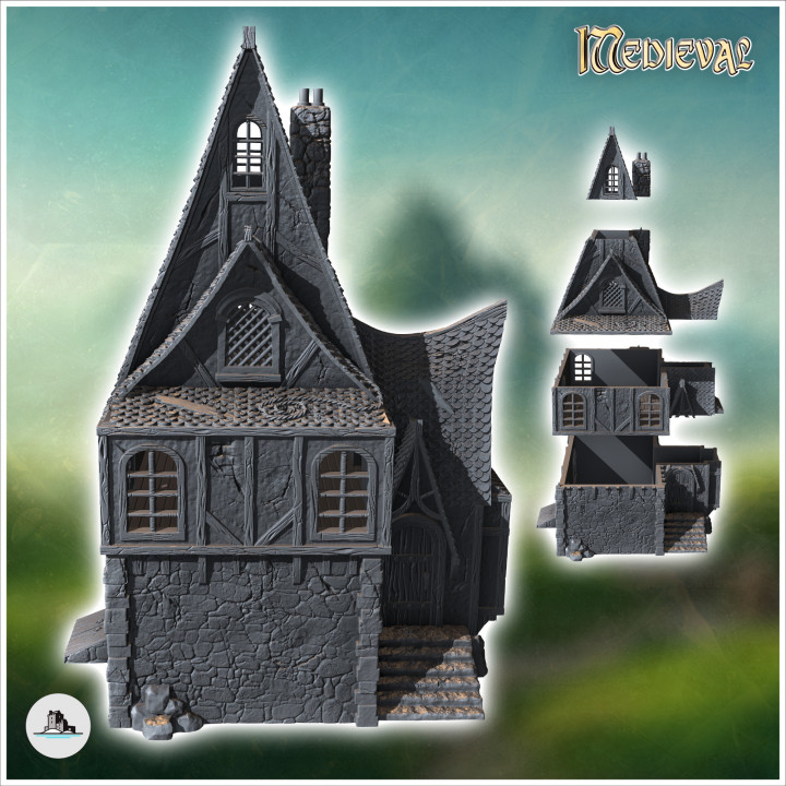 3D Printable Medieval half-timbered house with stone fireplace, access ...