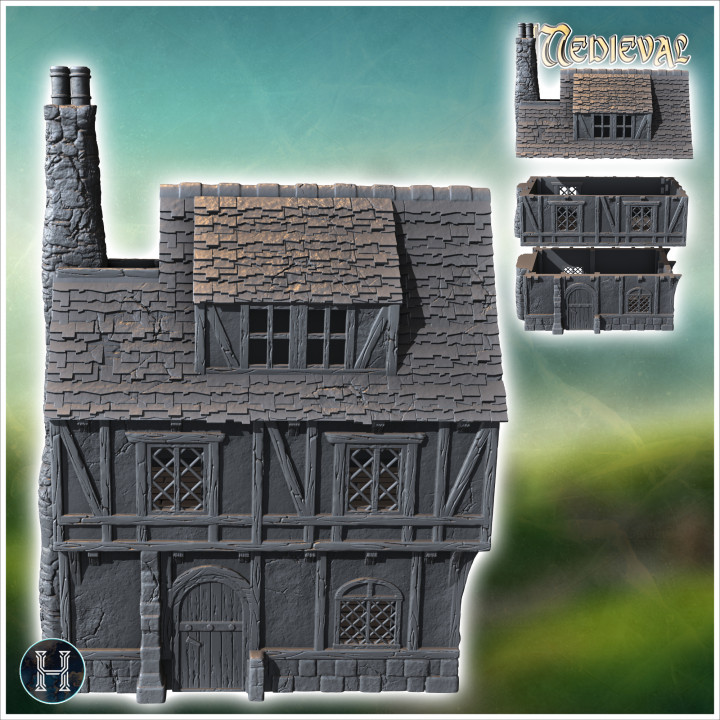 3D Printable Medieval house with chimney, concave roof and upside-down ...