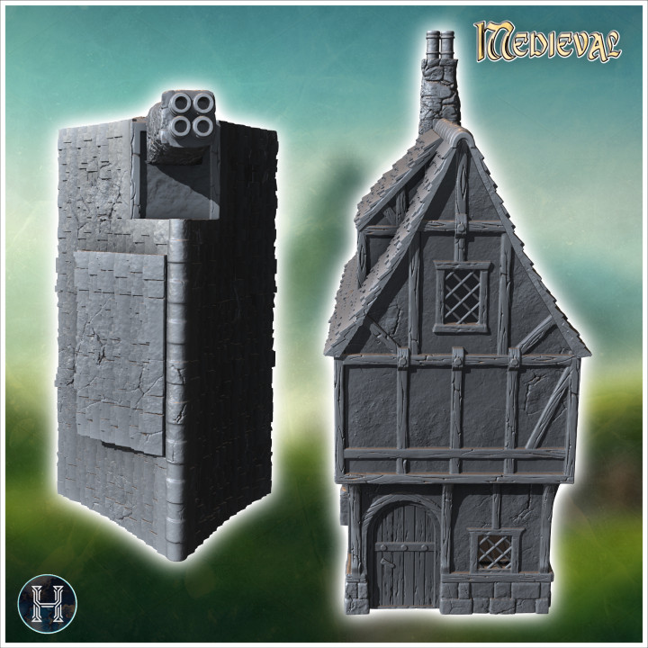 3D Printable Medieval house with chimney, concave roof and upside-down ...