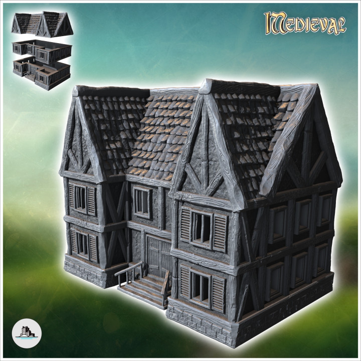 3D Printable Medieval half-timbered one-storey house with staircase and ...