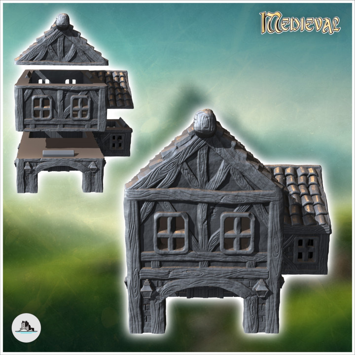 3D Printable Medieval building with annex and large canopy with arches ...