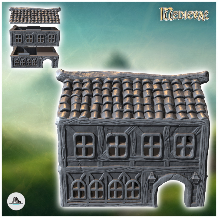 3D Printable Medieval building with annex and large canopy with arches ...