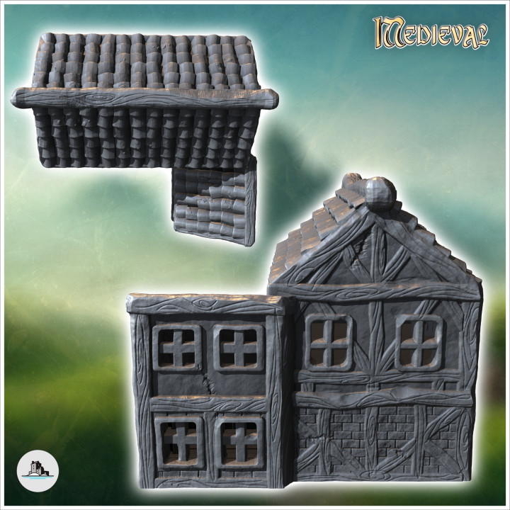 3D Printable Medieval building with annex and large canopy with arches ...