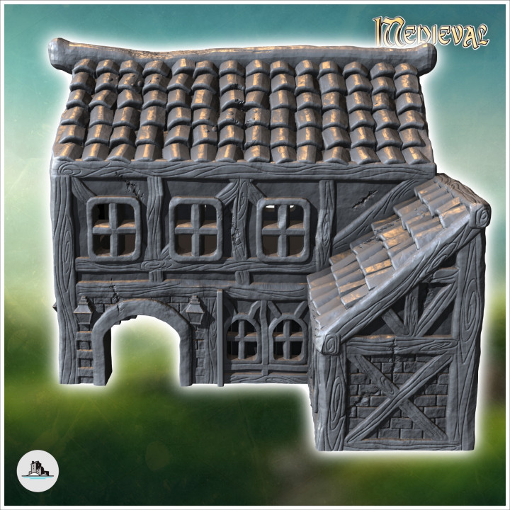 3D Printable Medieval building with annex and large canopy with arches ...