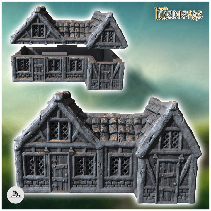 3D Printable Medieval building with multiple wooden doors, half ...
