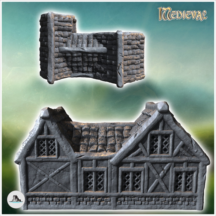 3D Printable Medieval building with multiple wooden doors, half ...