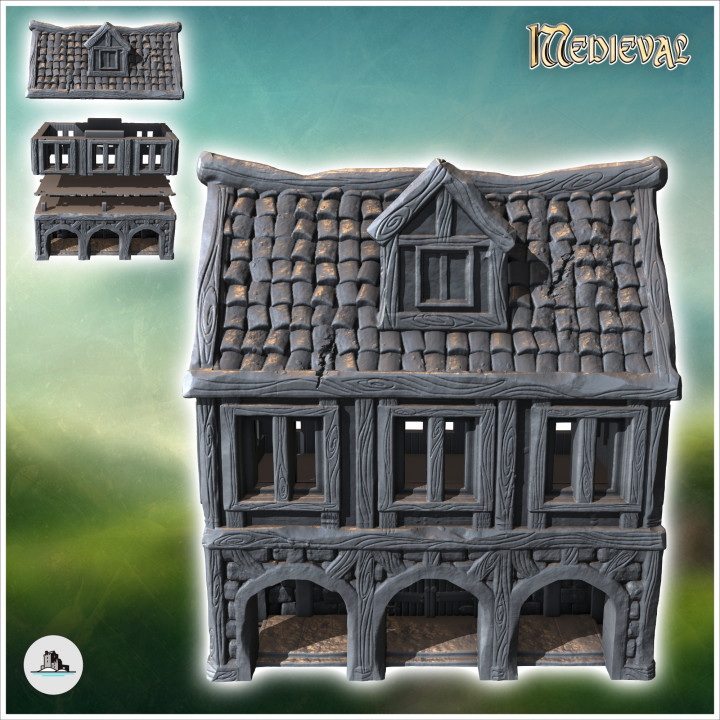3D Printable Medieval one-storey building with wooden arched passageway ...