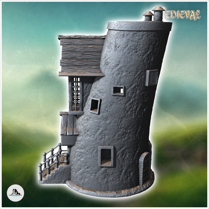 3D Printable Large round tower with paned window and railed access ...