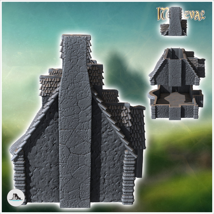 3D Printable Medieval house with double chimneys, multiple paned ...