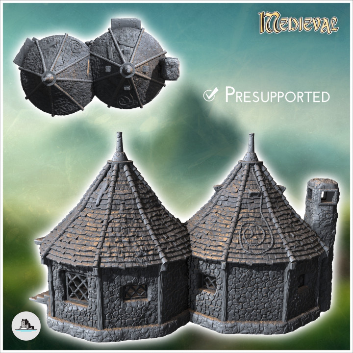 3D Printable Medieval sorcerer's hut with double roofs and wooden doors ...