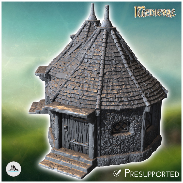 3D Printable Medieval sorcerer's hut with double roofs and wooden doors ...