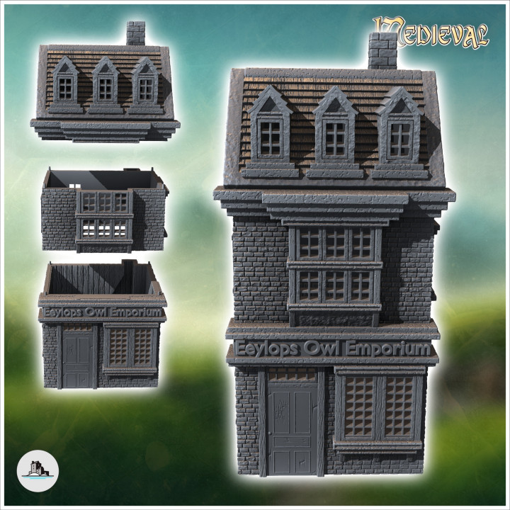 3D Printable Multi-storey brick store with roof windows, chimney and ...