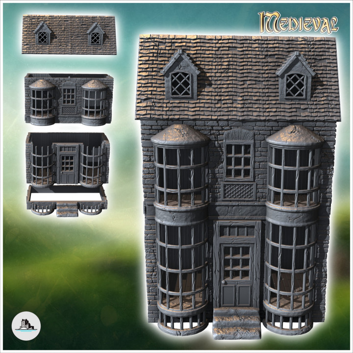 3D Printable Medieval stone building with storeys, tiled roof and ...