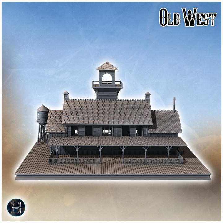 3D Printable Western railway station with tracks, water tank and clock ...