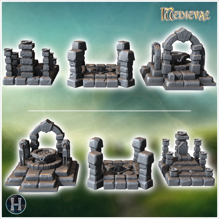 3D Printable Set of three stone ritual altars with arches and columns ...