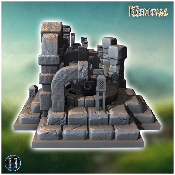 3D Printable Set of three stone ritual altars with arches and columns ...