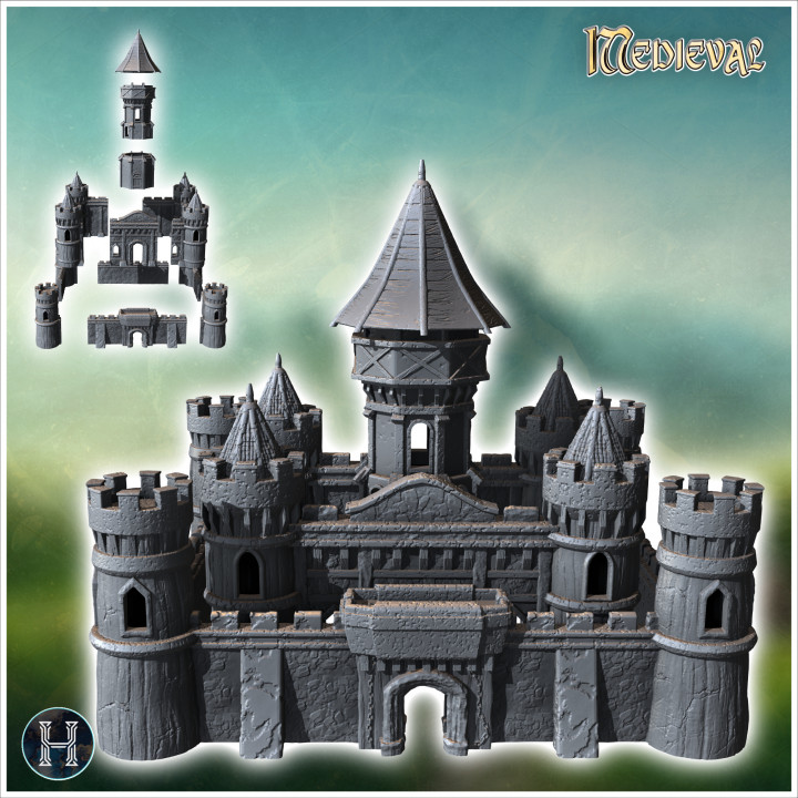 3D Printable Large medieval castle with concave-roofed keep and ...