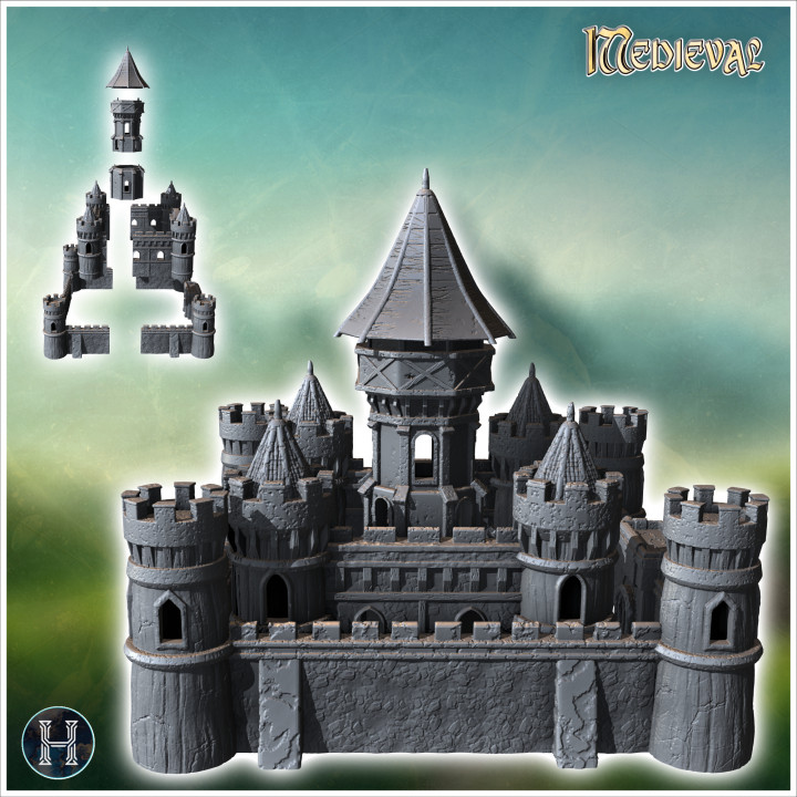 3D Printable Large medieval castle with concave-roofed keep and ...