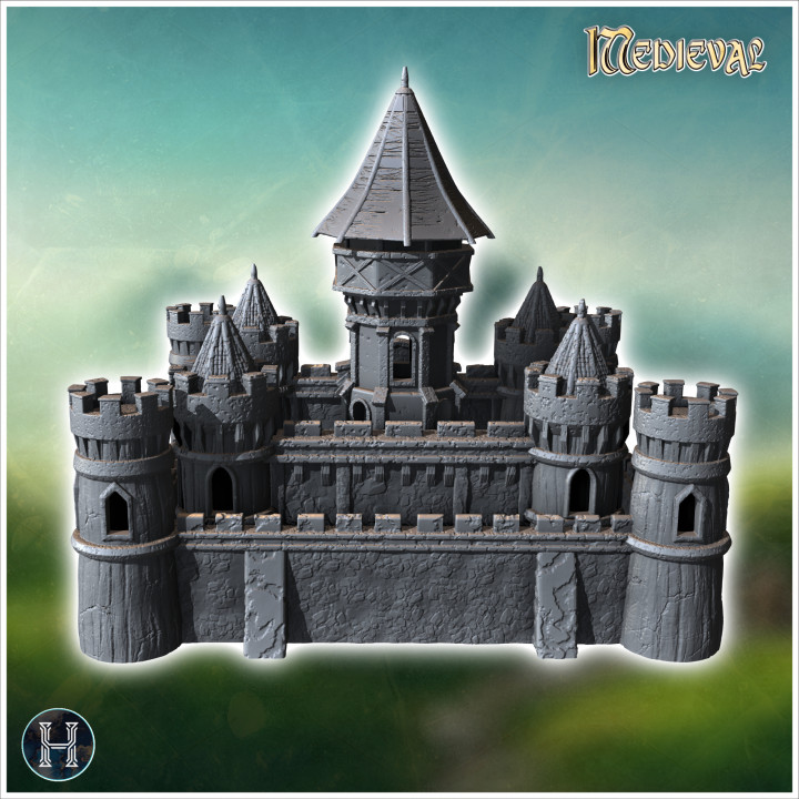3D Printable Large medieval castle with concave-roofed keep and ...