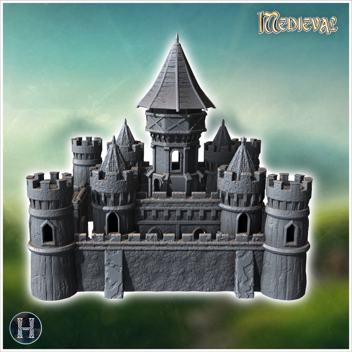 3D Printable Large medieval castle with concave-roofed keep and ...