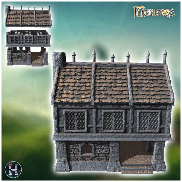 3D Printable Medieval building with paned window, large access canopy ...