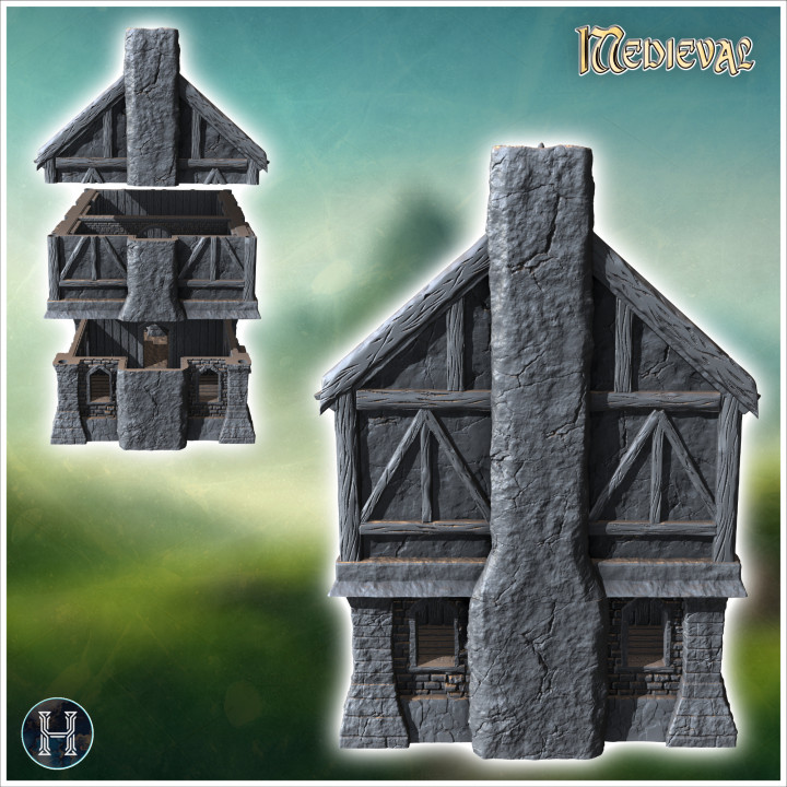3D Printable Medieval building with paned window, large access canopy ...