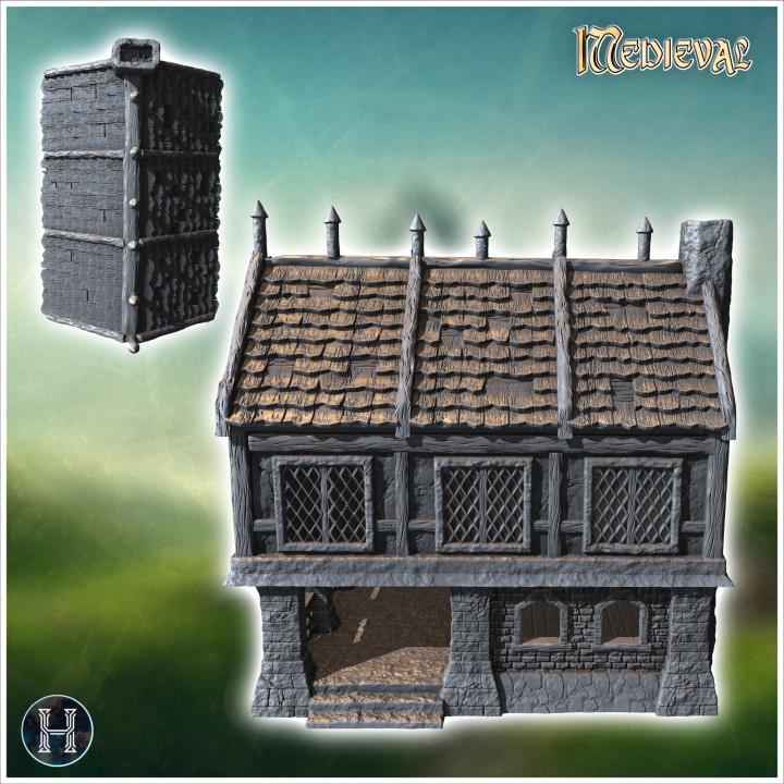 3D Printable Medieval building with paned window, large access canopy ...