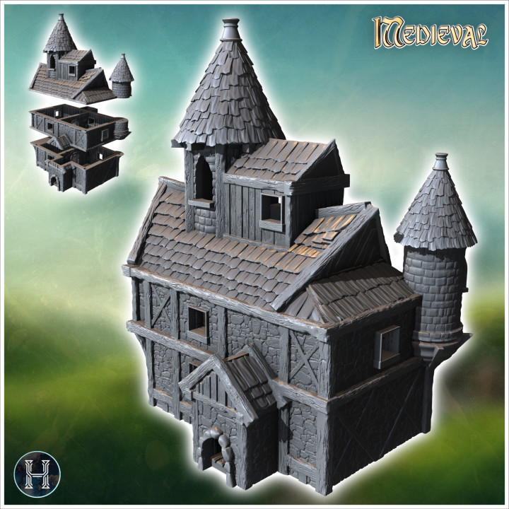 3D Printable Medieval building with double roof towers, first floor and ...
