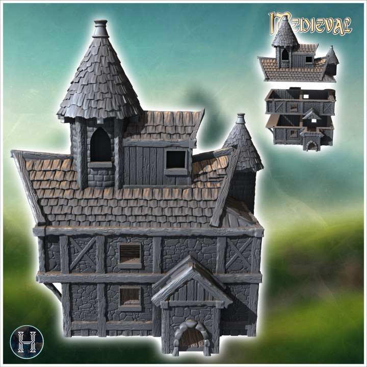3D Printable Medieval building with double roof towers, first floor and ...
