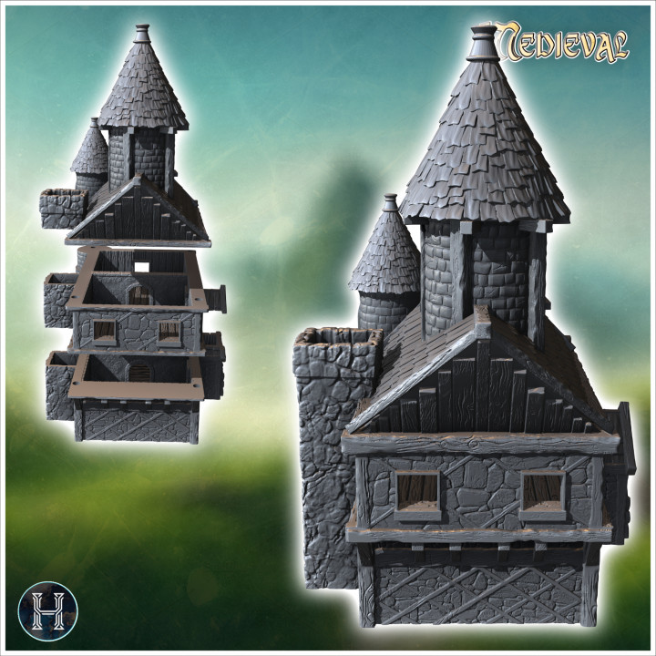 3D Printable Medieval building with double roof towers, first floor and ...