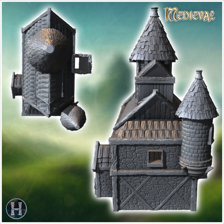 3D Printable Medieval building with double roof towers, first floor and ...