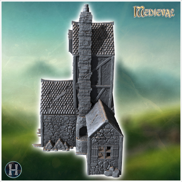3D Printable Large medieval building with canopied outdoor fireplace ...