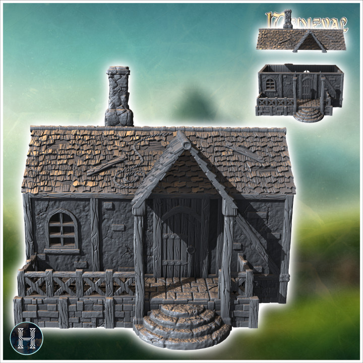 3D Printable Medieval house with canopied terrace, tiled roof and ...
