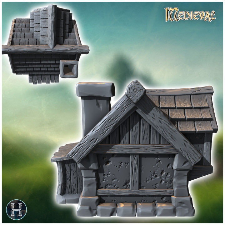 3D Printable Medieval house with chimney in roof and annex with side ...