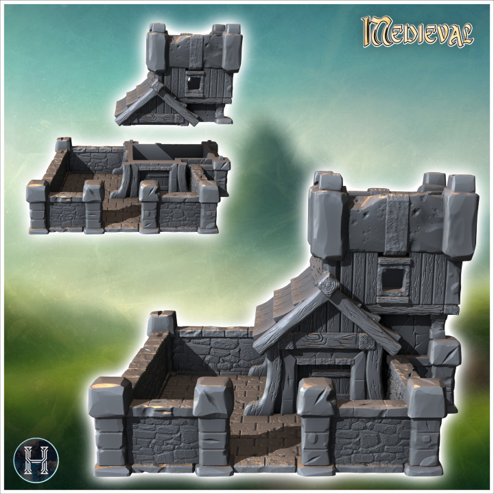 3D Printable Medieval defense post with square stone tower, low wall ...