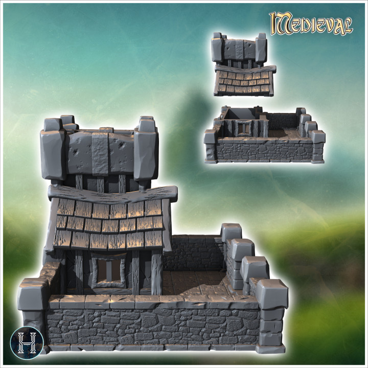 3D Printable Medieval defense post with square stone tower, low wall ...