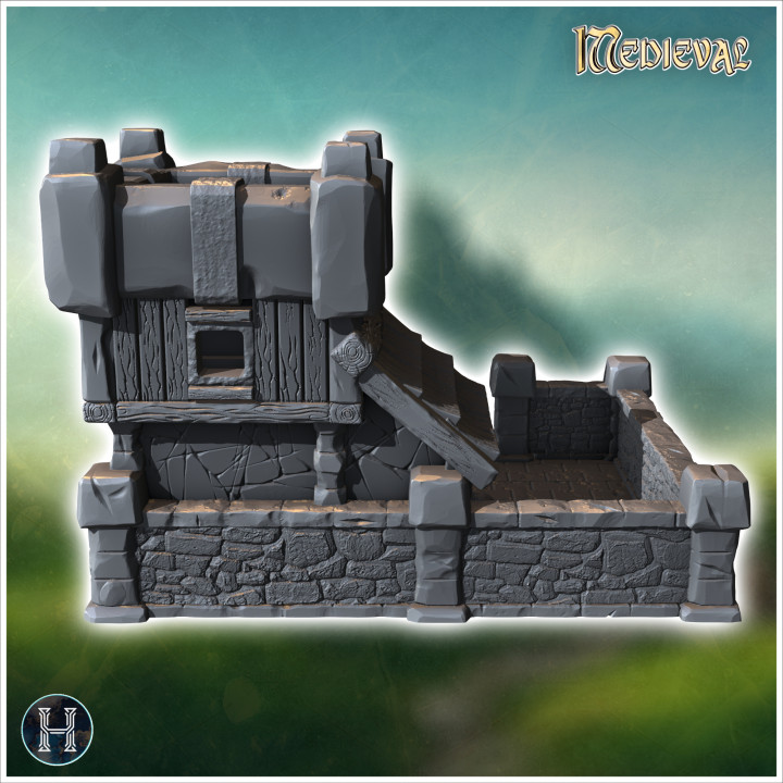 3D Printable Medieval defense post with square stone tower, low wall ...