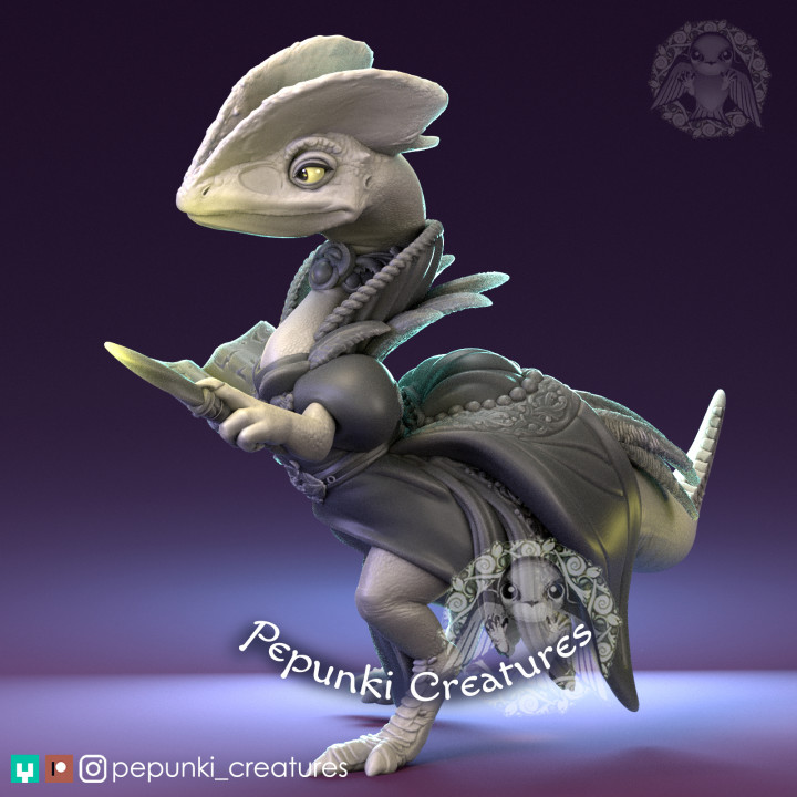 3D Printable Dilophosaur Wizardess by Pepunki Creatures