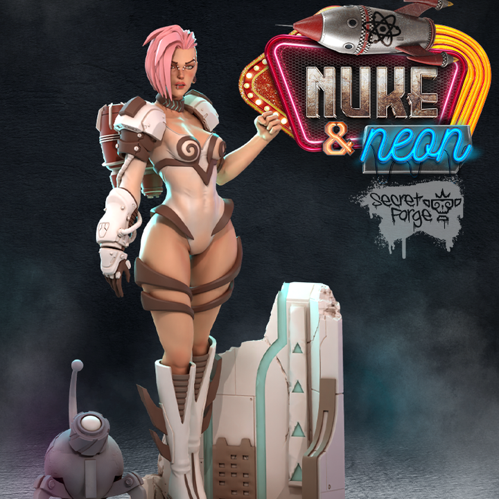 3D Printable [Cyber Punk Neon] Nuke and Neon Cyberpunk retro sci-fi pinup with robot companion ...