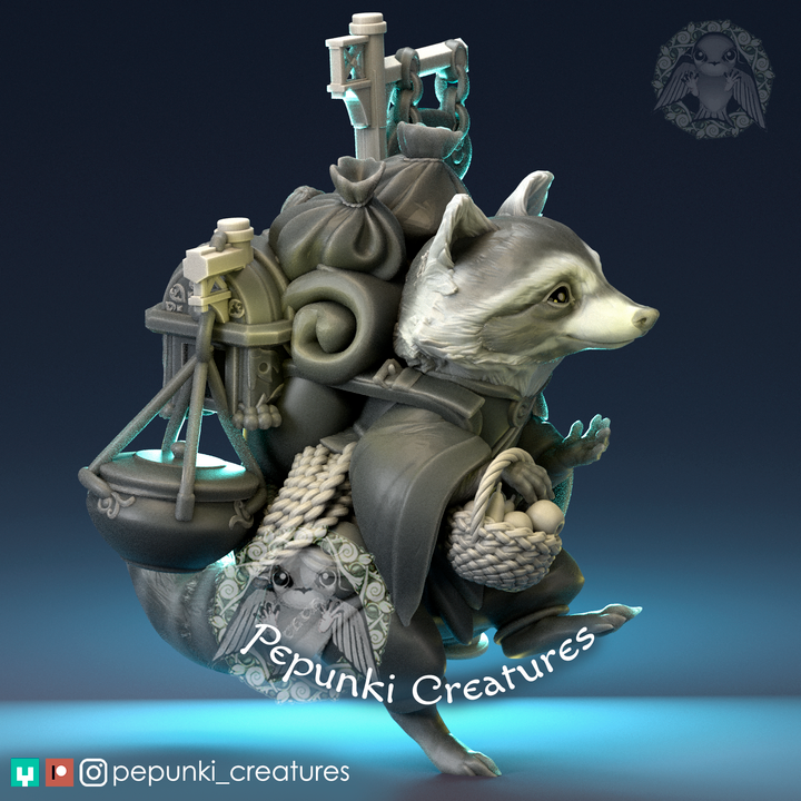 3D Printable Raccoon Merchant Traveller by Pepunki Creatures