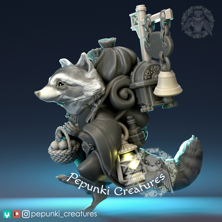 3D Printable Raccoon Merchant Traveller by Pepunki Creatures
