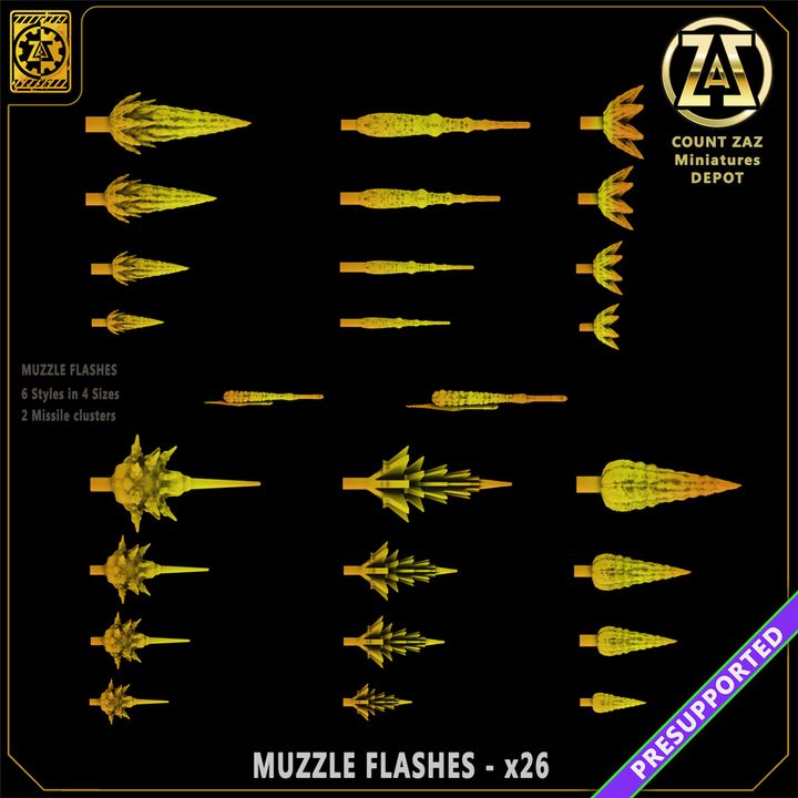 3D Printable MUZZLE FLASHES - 6 TYPES IN 4 SIZES by Adam Rodgers