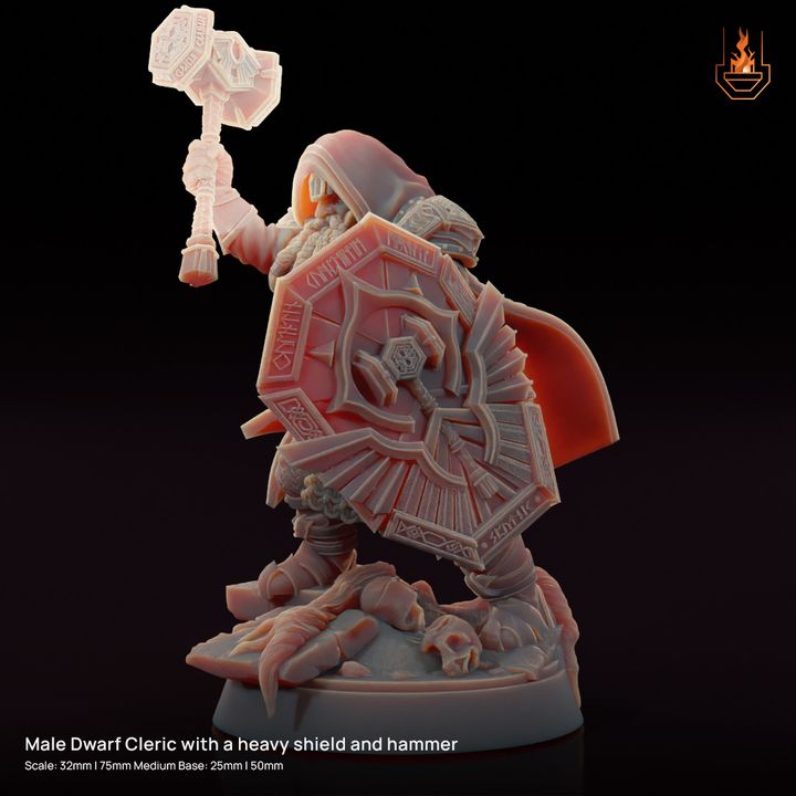 3D Printable Male Dwarf Cleric with Hammer and Heavy Shield [Supported] by Magnetic Foundry