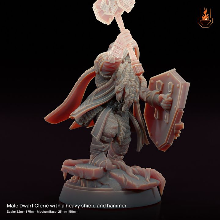 3D Printable Male Dwarf Cleric with Hammer and Heavy Shield [Supported ...
