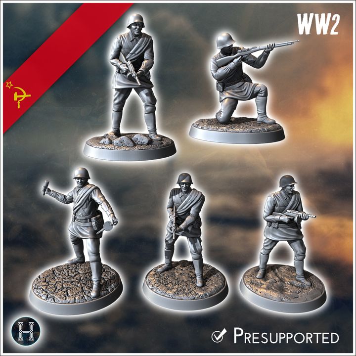 3D Printable Set of five Soviet Russian Red Army soldiers (WW2 USSR ...
