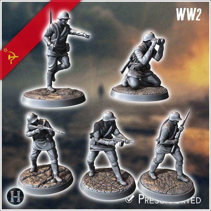 3D Printable Set of five Soviet Russian Red Army soldiers (WW2 USSR ...