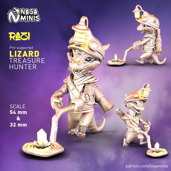 3D Printable (Pre-supported) Lizard Folk Treasure Hunter by Naga Minis