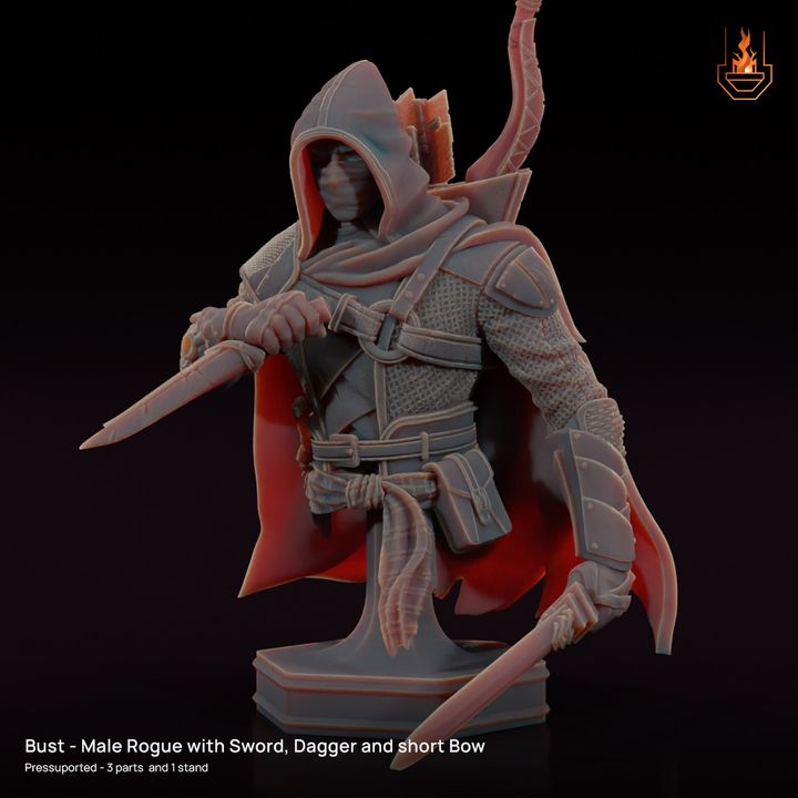 3D Printable Bust - Male Rogue with Sword, Dagger and short Bow ...
