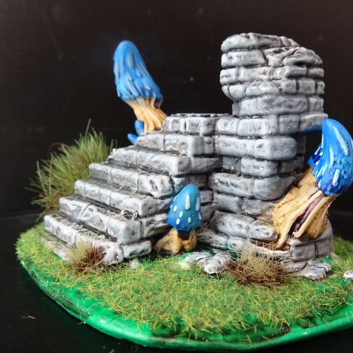 3D Printable Ruined stairs with mushrooms by Plain miniatures