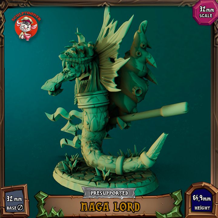 3D Printable Naga Lord - 32mm scale pre-supported miniature by SCULPTOONER